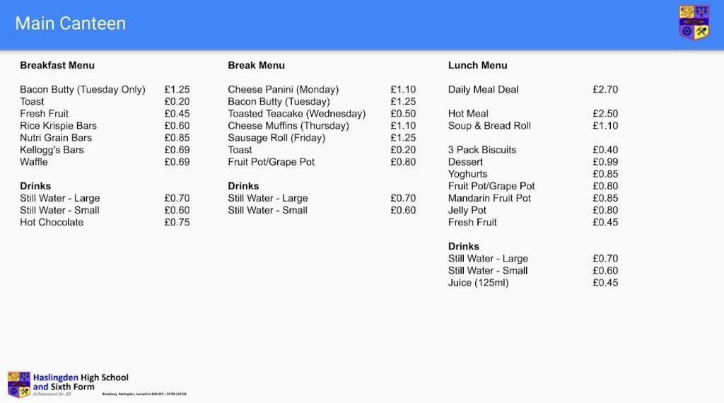 Lunch Menu - Haslingden High School and Sixth Form